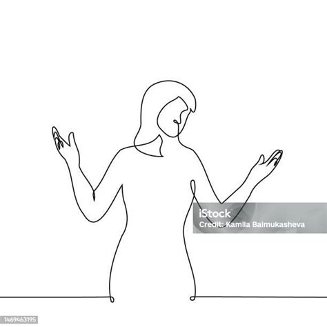 여자는 머리를 기울인 채 손을 옆으로 벌렸다 한 선 그리기 벡터 개념 당혹감 말문이 막힌 당황 무력한 몸짓 만들기 감정에 대한 스톡 벡터 아트 및 기타 이미지 Istock