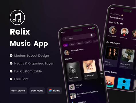 relix figma music app ui kit figma 55屏在线音乐歌曲听歌app用户界面设计ui套件模板 uigui