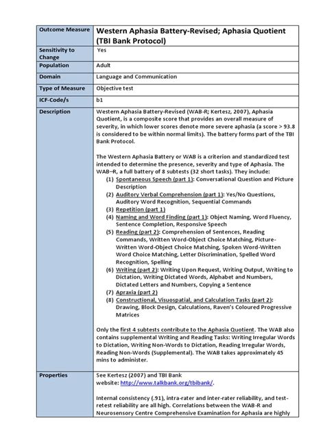 Wab R Aphasia Quotient Pdf Pdf Aphasia Neuroscience