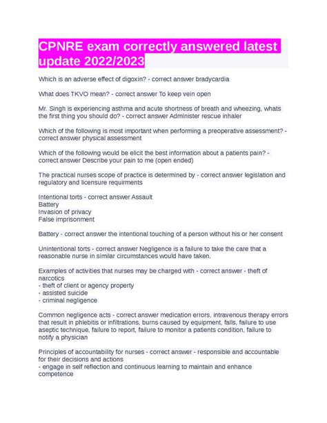 Cpnre Exam Correctly Answered Latest Update 2022 Exams Nursing Docsity