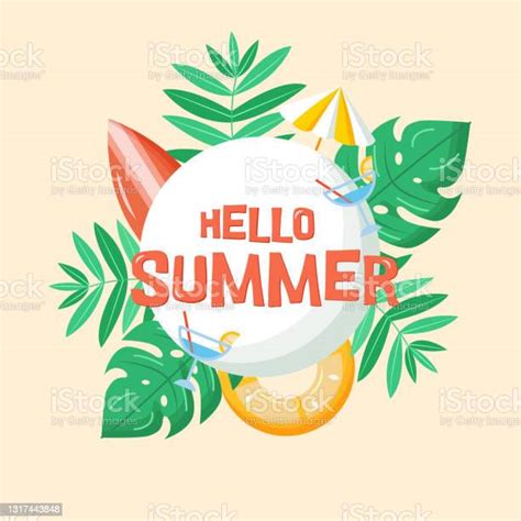 안녕하세요 여름 벡터 배너 템플릿 열대 식물 서핑 보드 칵테일 해변 우산 풍선 반지와 흰색 원 배경에 텍스트 벡터 그림입니다 Eps10 0명에 대한 스톡 벡터 아트 및 기타