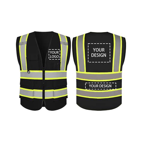 Black Safety Vest Custom Logo Reflective Vest With 5 Pockets And Zippe
