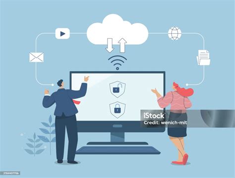 회사 또는 조직의 중요한 정보를 클라우드 기술로 저장 보안 연결 클라우드 보안 안전한 온라인 시스템을 통해 컴퓨터로 작업하는 비즈니스 팀 벡터 일러스트 레이 션입니다 It