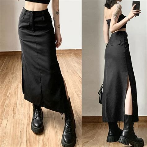 F42f 여성 미적 롱 스커트 포켓 포함 하이 웨이스트 사이드 스플릿 허벅지 미디 스트레이트 스커트 90s 빈티지 하라주쿠 스트리트웨어 Aliexpress