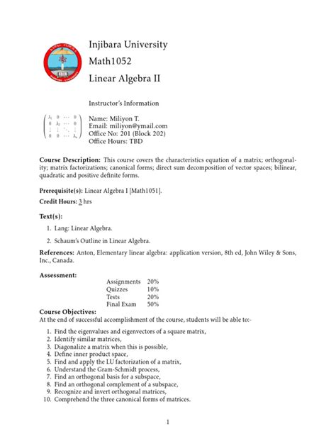 Linear Algebra Ii Syllabus Pdf Matrix Mathematics Linear Algebra
