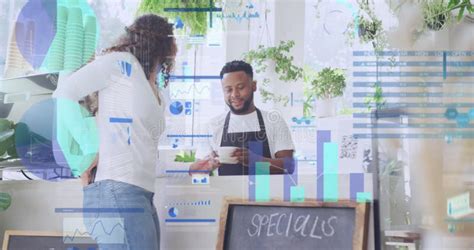 Animation Of Multiple Graphs And Trading Board Diverse Male Barista Giving Coffee To Woman