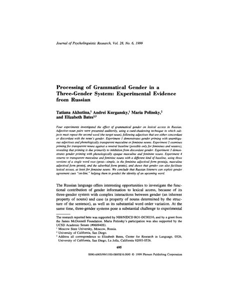 Pdf Processing Of Grammatical Gender In A Three Gender System Experimental Evidence From Russian