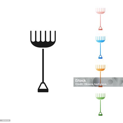 흰색 배경에 고립 된 검은 정원 레이크 아이콘입니다 원예 농업 농업을위한 도구 지상 경작자 하우스 키핑 장비 다채로운 아이콘을 설정합니다 벡터 일러스트레이션