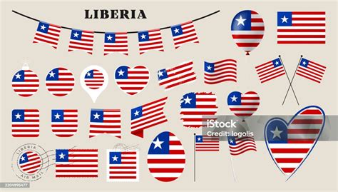 라이베리아 국기 세트 심장 방패 부활절 달걀 위치 원 소인 그런 지 광장 원형 및 직사각형 벡터 일러스트 레이 션과 같은 다양한