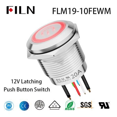 Filn Latching Push Button Switch 19mm 12v 120v Ip68 Waterproof Illuminated Latching Push Button