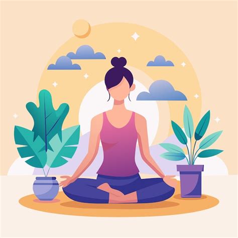 Premium Vector A Woman Sits In A Lotus Position In Front Of A Potted Plant Imagining The