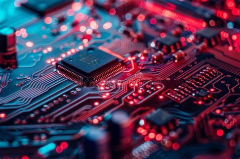 Futuristic Circuit Board With Glowing Red Lights Stock Illustration