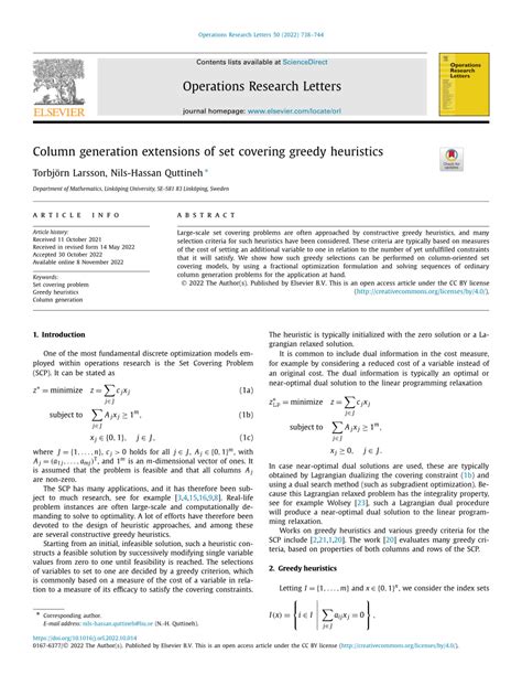 Pdf Column Generation Extensions Of Set Covering Greedy Heuristics