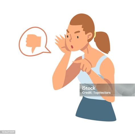 엄지 손가락 아래로 벡터 일러스트와 소셜 미디어에 불만을 표현하는 젊은 화가 여자 캐릭터 격노한에 대한 스톡 벡터 아트 및 기타