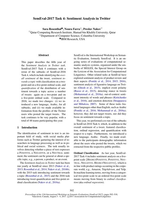 Pdf Semeval 2017 Task 4 Sentiment Analysis In Twitter