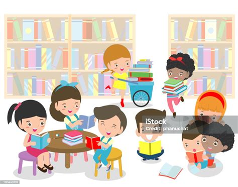 행복 한 아이 귀여운 어린이 책을 읽고는 도서관에서 책을 읽고 읽는 책 교육 개념 동안 행복 한 어린이 학교 벡터 일러스트 레이 션에 다시 도서관에 대한 스톡 벡터 아트 및