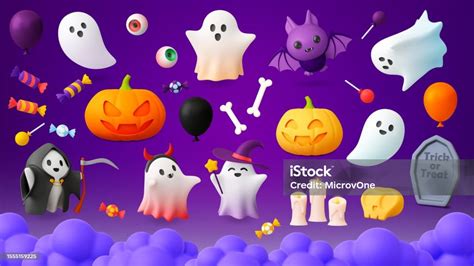Halloween 3d Elements Horror Mystery Cartoon Ghosts Pumpkin And Bat