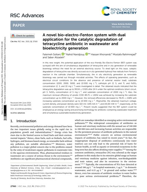 Pdf A Novel Bio Electro Fenton System With Dual Application For The