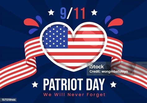 미국 국기 911 기념관과 함께 행복한 미국 애국자의 날 벡터 일러스트레이션과 우리는 배경 디자인 손으로 그린 템플릿을 잊지 않을 것입니다 7월 4일에 대한 스톡 벡터 아트