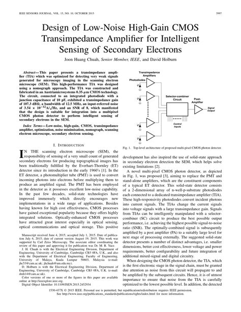Pdf Design Of Low Noise High Gain Cmos Transimpedance Amplifier For Intelligent Sensing Of