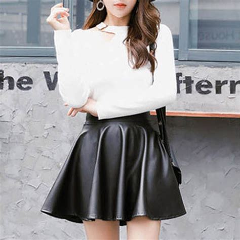 여자 미니 레더 가죽 플레어 A라인 스커트 치마