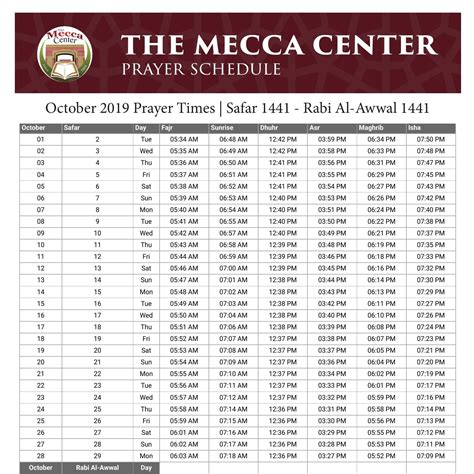 The Mecca Center October 2019 Prayer Schedulepdf Docdroid