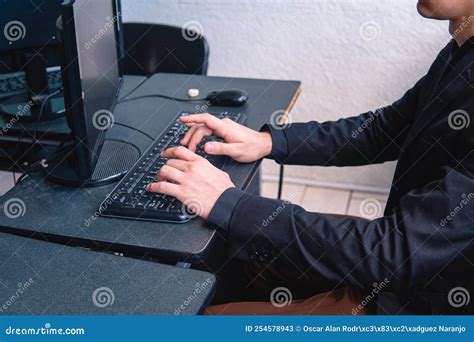 Man Typing On The Computer In His Office Close Up Of A Workerand X27 S Hands At A Desk Typing
