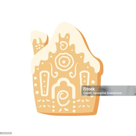 진저 브레드 집 쿠키는 흰색 배경에 고립되어 있습니다 크리스마스 휴일 전통적인 설탕 프로 스팅 베이킹 축제 분위기로 장식된 과자 벡터 손으로 그린 평면 그림 가정 생활에