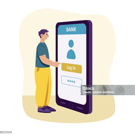 큰 모바일 화면 근처에 서 있는 젊은이 은행 계좌에 로그인 개발에 대한 스톡 벡터 아트 및 기타 이미지 개발 경제 계산대 Istock