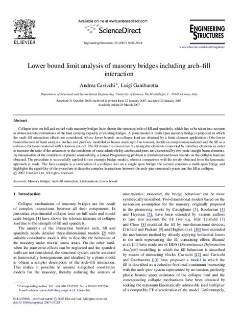 Pdf Lower Bound Limit Analysis Of Masonry Bridges Including Arch Fill Interaction