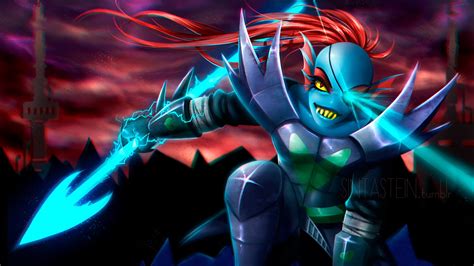 Undyne Undertale Weapon Redhead Teeth Blue Skin Heart Armor