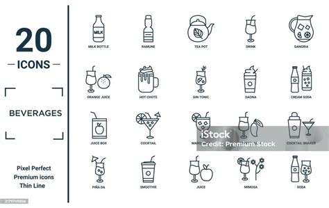 음료 선형 아이콘 세트입니다 얇은 라인 우유 병 오렌지 주스 주스 상자 파이 아 다 소다 진 토닉 보고서 프리젠 테이션 다이어그램 웹 디자인 칵테일 셰이커 아이콘 포함 0