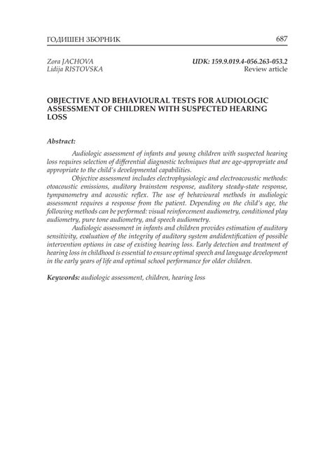 Pdf Objective And Behavioural Tests For Audiologic Assessment Of