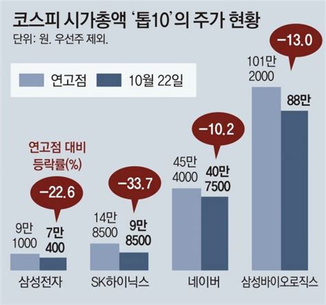 코스피 대장주들 휘청 톱10 주가 연 최고점보다 22 떨어져