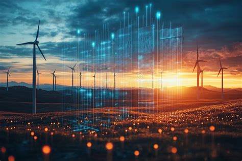 Stunning Landscape Featuring Wind Turbines Against Vibrant Sunset With Digital Data