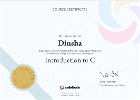 Dinsha Prem On Linkedin Certificate Cprogramming Sololearn
