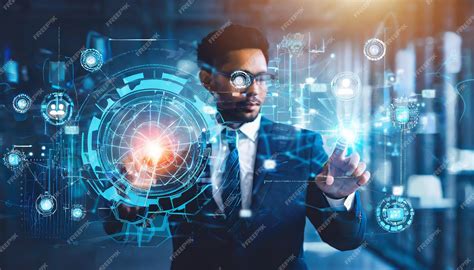 Businessman Analyze And Visualize Complex Information On A Virtual Screen Using Ai To Process
