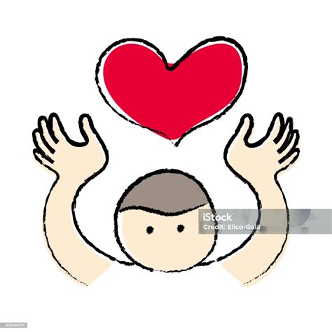 머리 위에 큰 마음을 들고있는 아이 귀여운 손으로 그린 선 그리기 귀여운에 대한 스톡 벡터 아트 및 기타 이미지 귀여운