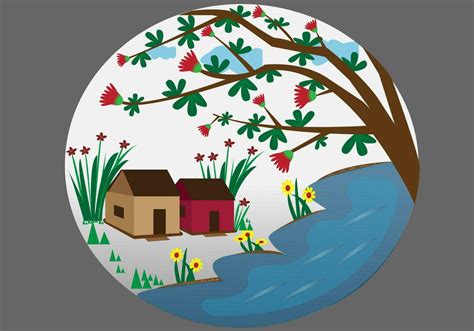 Village Nature Scene Tree Flower With House Vector Illustration Logo Design Template