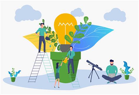 창조적 인 비즈니스 아이디어의 탄생의 은유 비즈니스 개념 분석 사람들의 벡터 그림은 냄비에 식물을 성장 혁신 개념에 대한 스톡