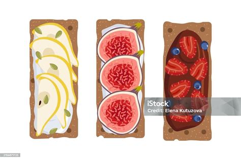 딸기와 과일을 곁들인 달콤한 스낵 딸기 무화과 흰색 배경에 고립된 배를 곁들인 호밀 크리스파삭 빵 맛있는 건강 스낵 메뉴 카페