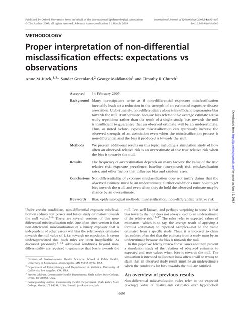 Pdf Proper Interpretation Of Non Differential Misclassification Effects Expectations Vs
