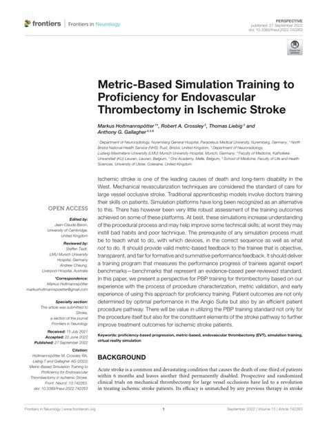 Pdf Metric Based Simulation Training To Proficiency For Endovascular Thrombectomy In Ischemic