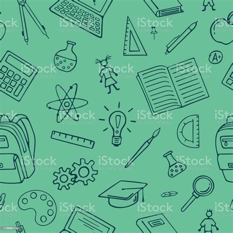 학교로 돌아가기 원활한 패턴 배경 손으로 그래픽 벽지 래핑 용지에 대한 벡터 패턴입니다 현대 라인 아이콘 학교 용품 그림 가을에 대한 스톡 벡터 아트 및 기타 이미지