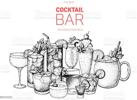알코올 칵테일 손으로 그린 벡터 일러스트레이션 스케치 일러스트레이션 손으로 그린 음료 일러스트레이션 칵테일 세트 메뉴 디자인