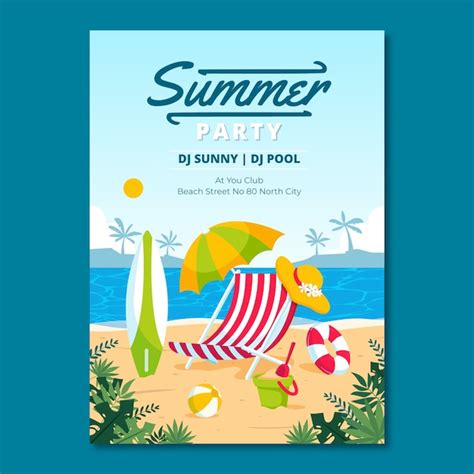 여름철 플랫 파티 포스터 템플릿 무료 벡터