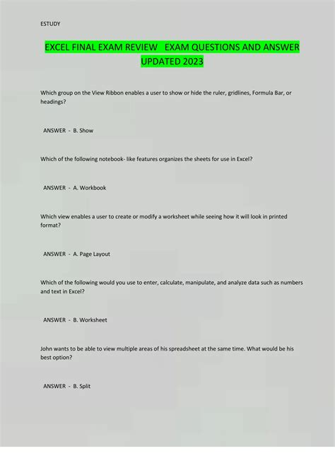 EXCEL FINAL EXAM REVIEW EXAM QUESTIONS AND ANSWER UPDATED EXCEL Stuvia US
