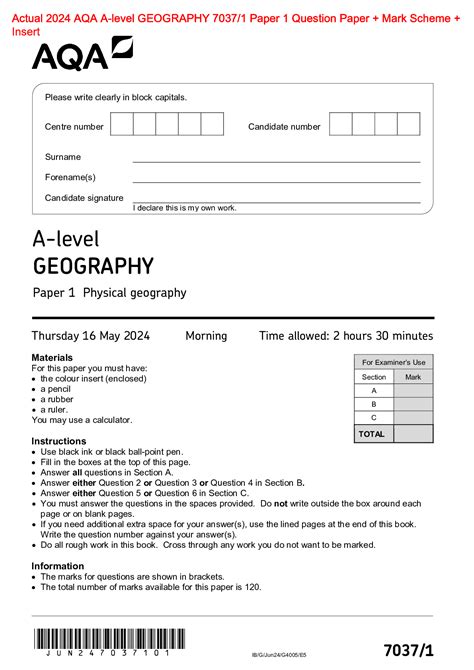 Actual 2024 Aqa A Level Geography 7037 1 Paper 1 Question Paper Mark Scheme Insert Actual