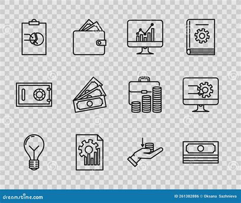 Set Line Light Bulb With Concept Of Idea Stacks Paper Money Cash