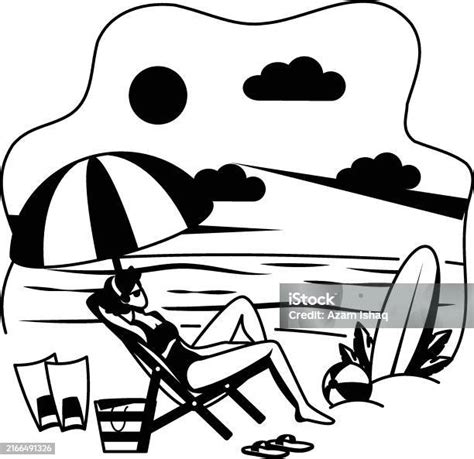 여성 서퍼 음악 듣는 동안 앉아 에서 갑판 의자 개념 벡터 디자인 자연 와 풍경 엽서 경치 좋은 여름 계절 분위기 기호 목가적 인 원격 해변 스톡 일러스트레이션 가방에 대한